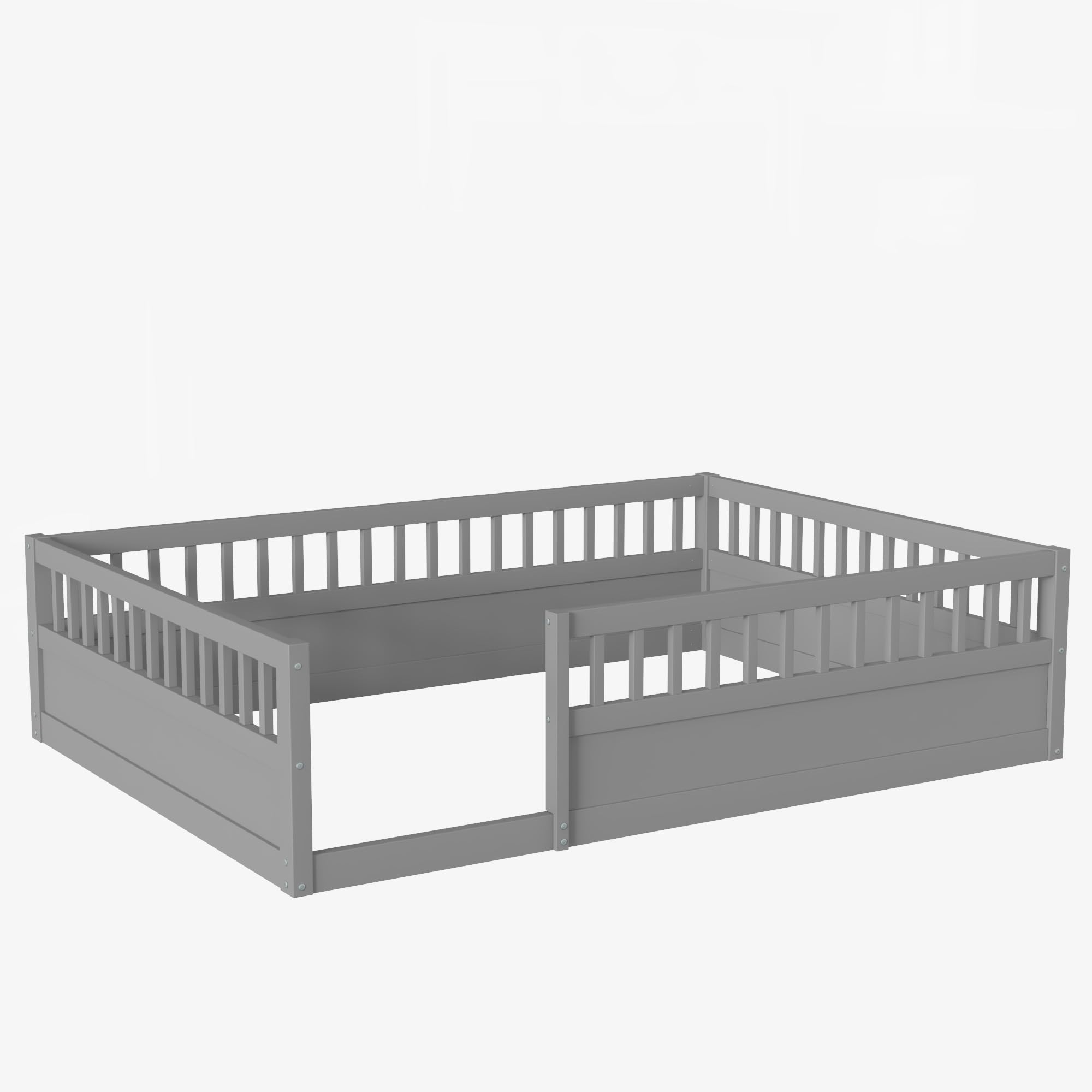 Floor Bed for Kids, Full Size Montessori Bed with High Fence Railings, Wood Playhouse Bed with Rails for Baby Boys Girls Teens, No Slats Included, Gray