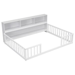 ROCKINGRUN Montessori Floor Bed with Bedside Bookcase and Safety Guardrails, Full Size Solid Pine Wood Floor Bed Frame with Fence, for Kids, Girls, Boys, Child Bedroom, Kids Playroom (White)