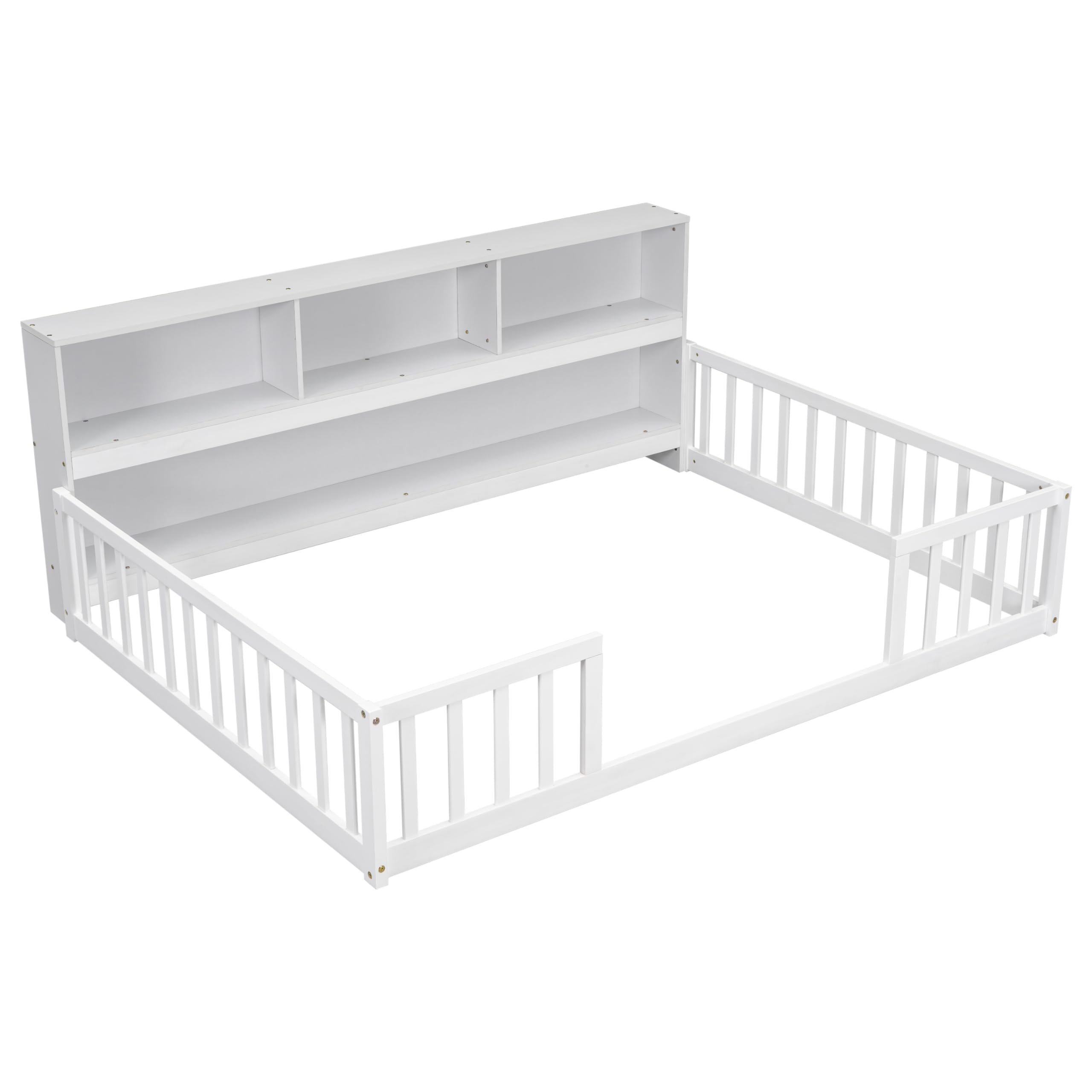 ROCKINGRUN Montessori Floor Bed with Bedside Bookcase and Safety Guardrails, Full Size Solid Pine Wood Floor Bed Frame with Fence, for Kids, Girls, Boys, Child Bedroom, Kids Playroom (White)