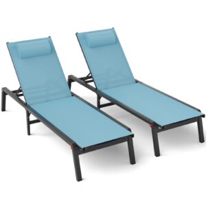 woajn aluminum patio chaise lounge chair set of 2,5-position adjustable backrest,foldable lounge chair outdoor,pool lounge chairs for poolside,lawn,deck,beach,blue