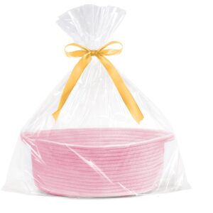 giftexpress pink woven gift basket, clear cellophane bag & ribbon - 13" x 8" x 5" cotton rope empty decorative gifting basket - cute soft organizing raffle storage bin w/ handles