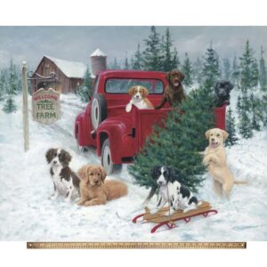 david textiles 35.5"" x 44"" panel christmas tree farm dogs puppies red truck winter christmas holidays cotton fabric panel (ml-3630-3c-1multi)