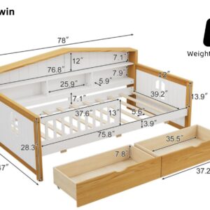 Merax Twin Size Bed Frames with 2 Storage Drawers and Bookcase Headboard, Montessori House Shape Daybed for Kids Girls Boys Teens, No Box Spring Needed