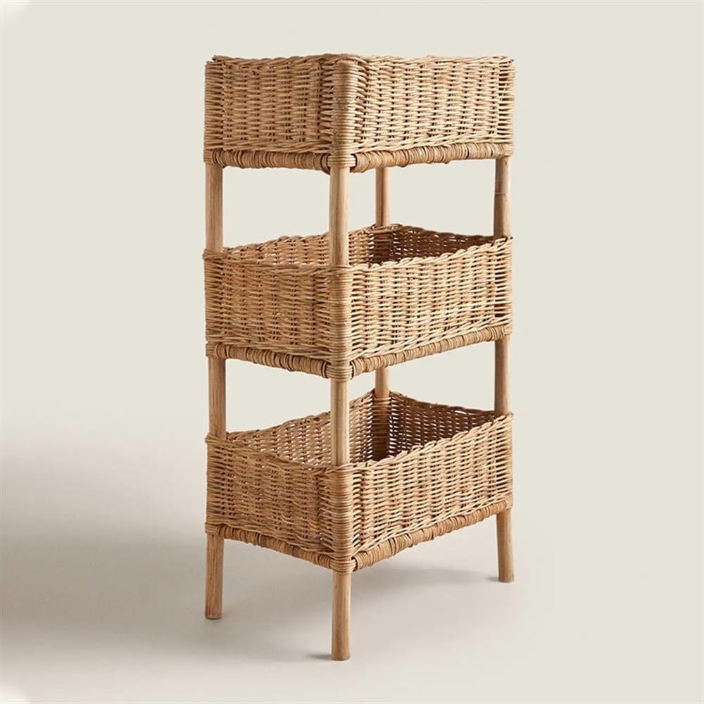 WKSPOO Rattan Shelving Unit 3 Tiers Standing Wooden Caddy, Hand Woven Floor Rattan Portable Laundry Bin Basket Applicable for Living Room, Bedroom, Kitchen(Color:Natural), 30*20*60cm