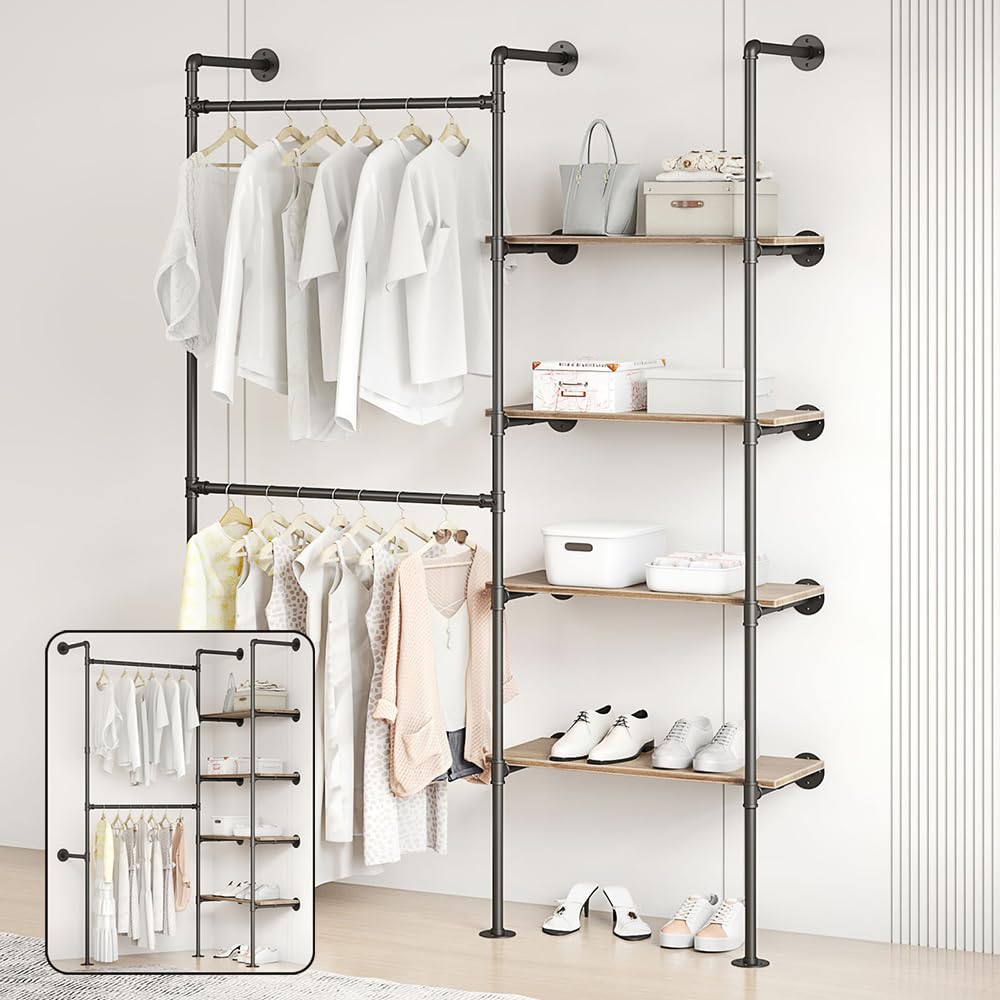 Woskar Industrial Pipe Clothing Rack, Hanging Rods Clothes Rack with Shelves, Clothes Rack for Wardrobe, Corner Closet System for Walk in Closets, Heavy Duty Hanging Clothes Rackk