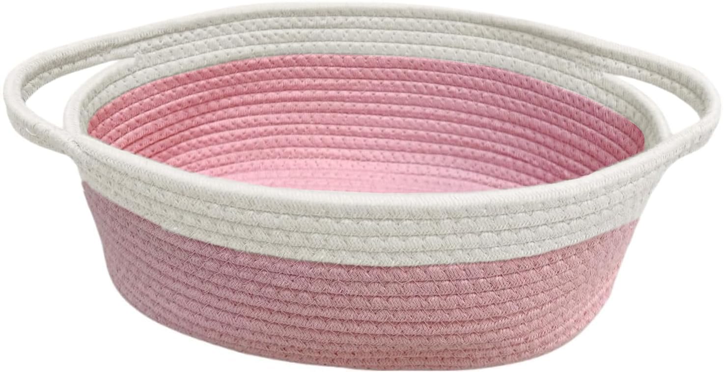 GIFTEXPRESS Pink & White Woven Basket - 13" x 8" x 5" Cotton Rope Organizing Baskets for Baby Items or Cat & Dog Toys - Cute Soft Gift Storage Bin w/Handles