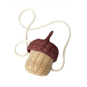 acorn shaped basket storage basket, mushroom rattan storage basket with lid, rattan wooden woven shoulder bag tropical bucket photo props handcrafted gift decoration artwork(no frills)