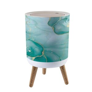 phaibhkerp trash can with lid pastel cyan mint liquid marble watercolor gold lines brush garbage can round waste bin press cover dog proof wastebasket for kitchen bathroom living room nursery 1.8gal