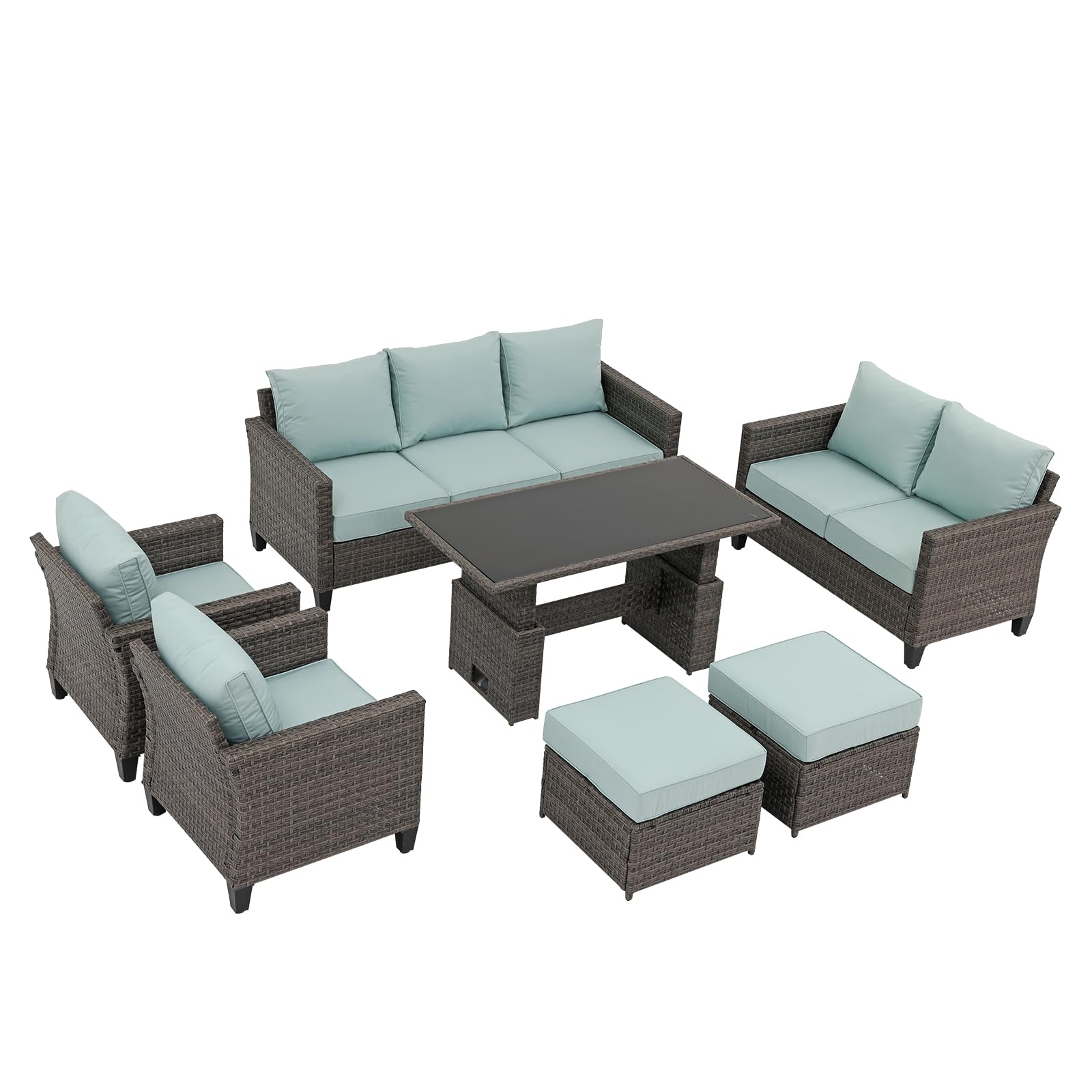 SUNSITT Patio Furniture Set 7-pcs Outdoor Furniture Conversation Sets with Lift Dining Table Wicker Patio Furniture Outdoor Couch Grey Rattan Light Cyan Cushion for Garden, Backyard, Lawn