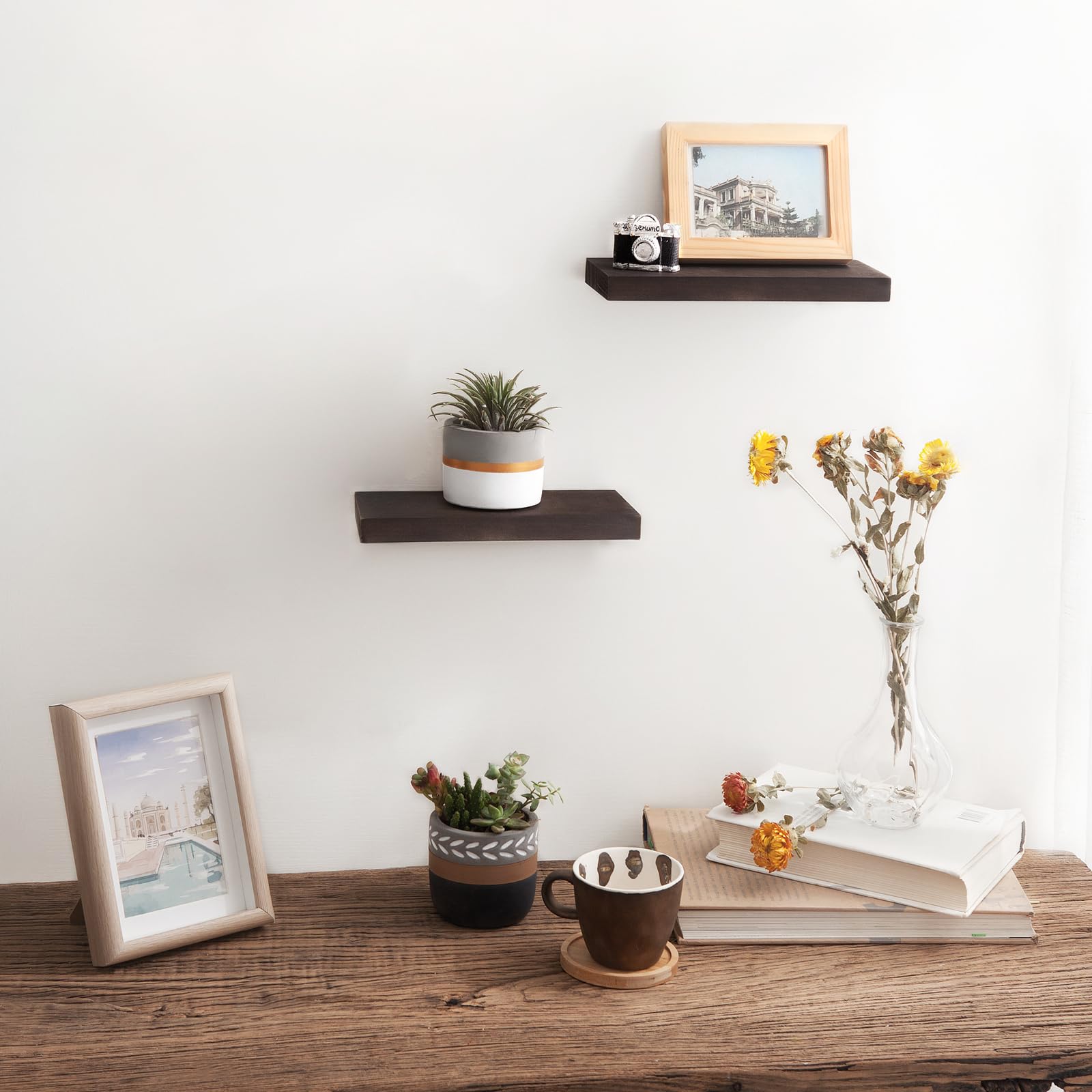 Mkono Floating Shelves, Set of 2 Rustic Wood Wall Mounted Shelves with Invisible Brackets Plant Photo Display Ledges Shelves for Wall Decor, Modern Storage Shelves for Bathroom Living Room Bedroom