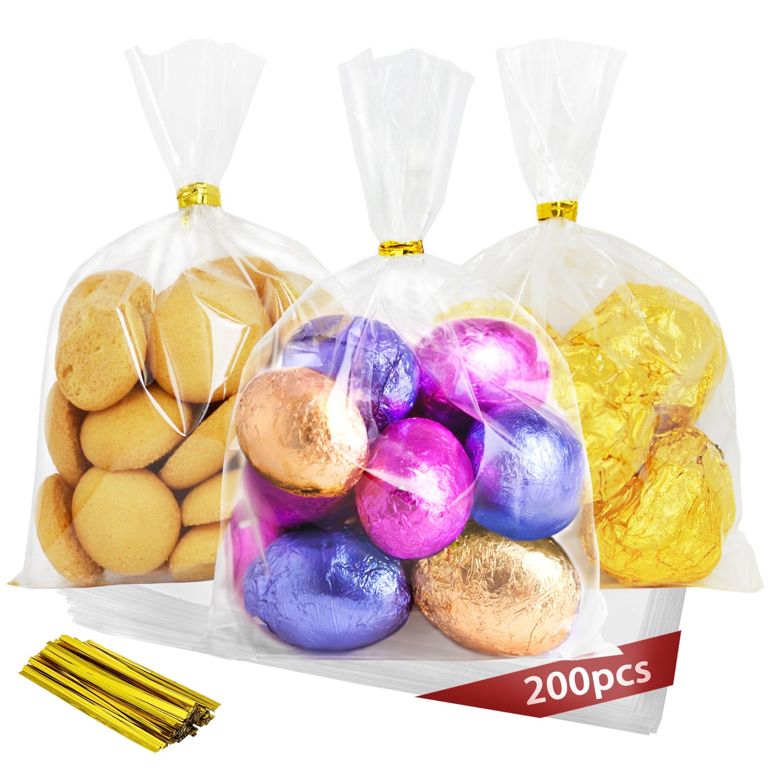 Kopokita 200PCS Clear Cellophane Treat Bags, 4x6 Inches Small Plastic Cookie Candy Bags Goodie Bags Gift Bags with 200 Twist Ties for Party Favors