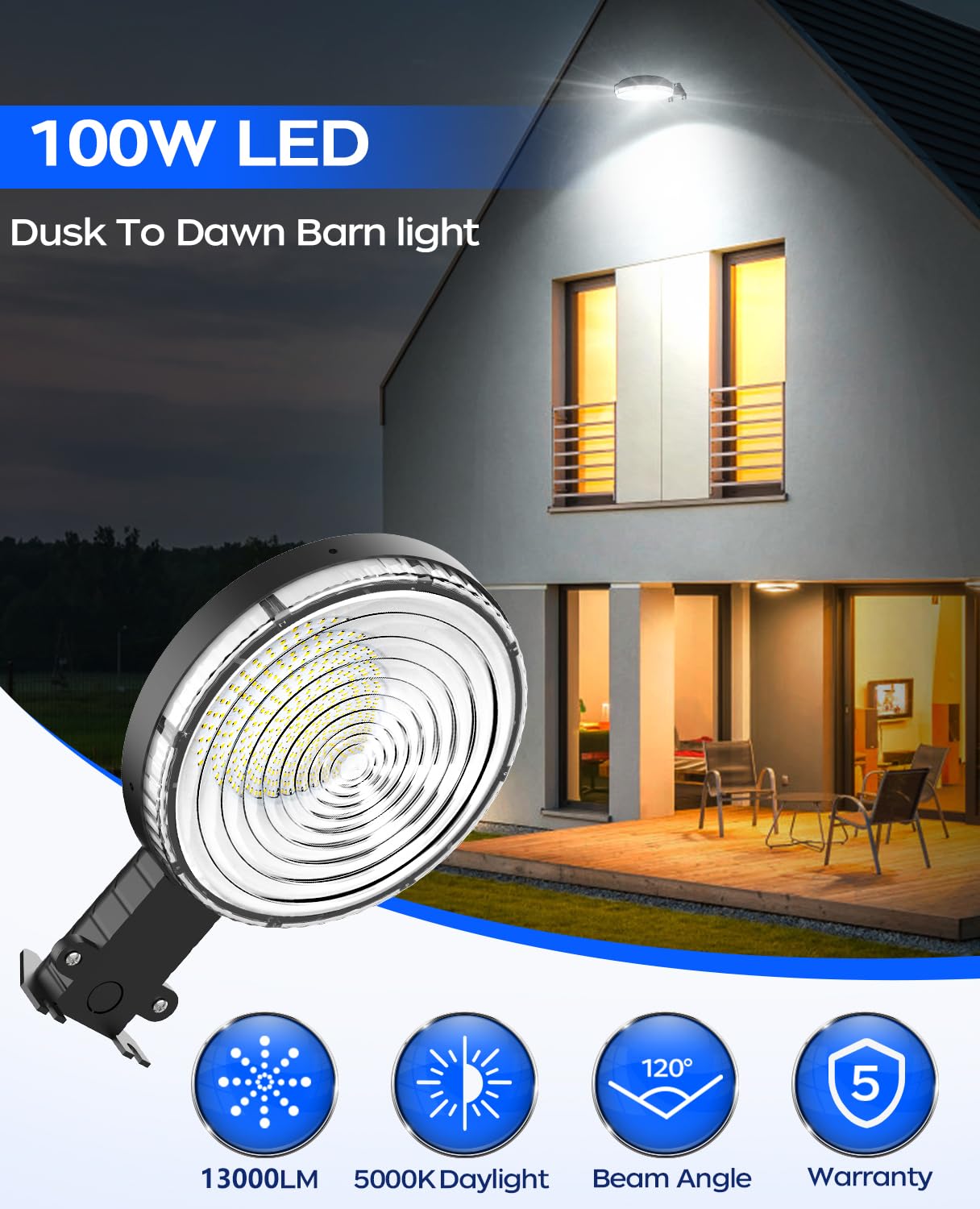 CINOTON 100W LED Barn Light Dusk to Dawn Outdoor Lighting, Black 1 Pack & 30W LED Wall Pack Light with Dusk to Dawn Sensor 2Pack