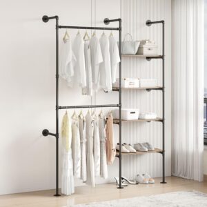 Woskar Industrial Pipe Clothing Rack, Hanging Rods Clothes Rack with Shelves, Clothes Rack for Wardrobe, Corner Closet System for Walk in Closets, Heavy Duty Hanging Clothes Rackk