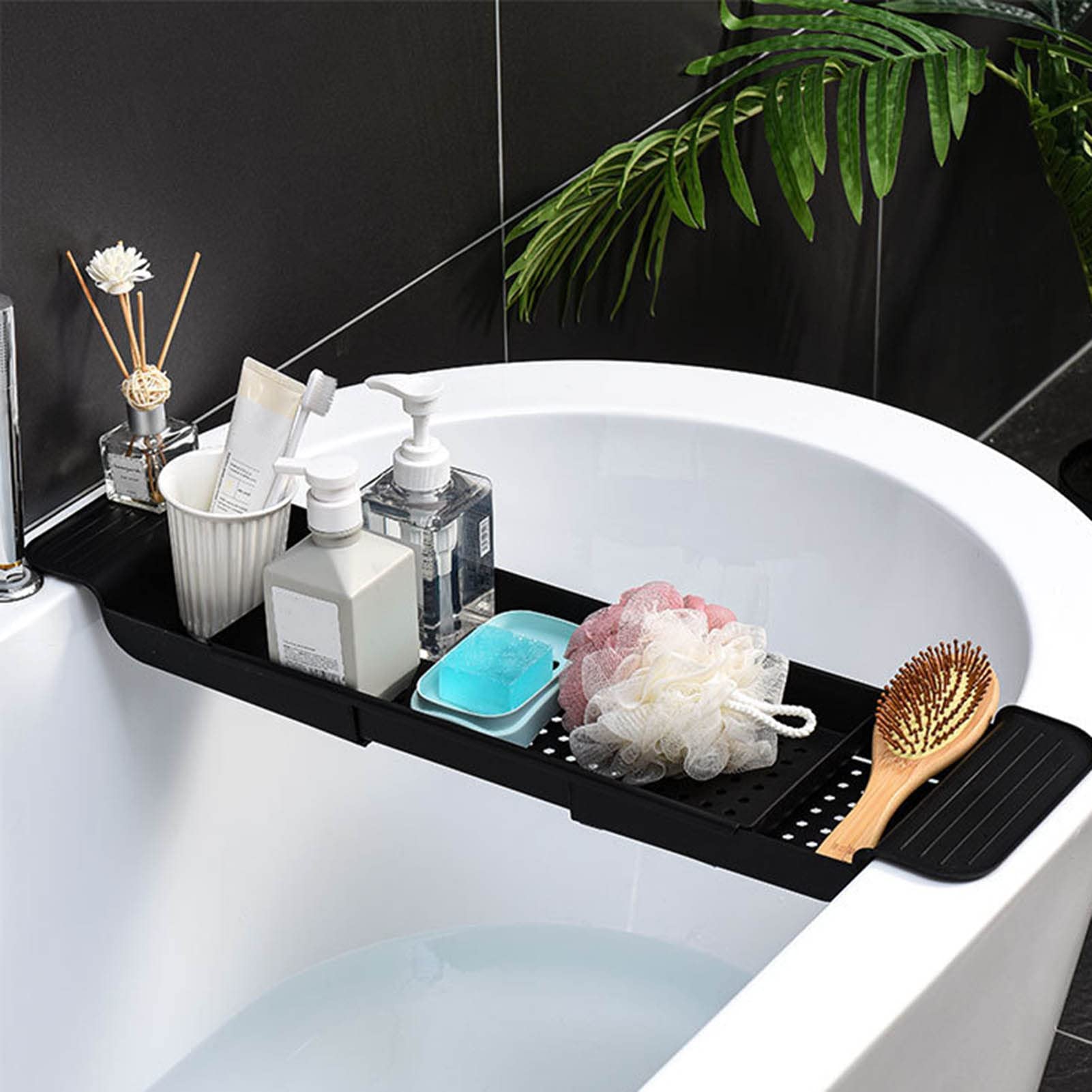 Expandable Bathtub Caddy Tray, Bath Bridge Tray Drain Bath Shelf Caddy Tray Plastic Bathtub Tray Book Phone Pad Holder Plastic Drain Bath Tub Tray Table Bath Shelf Tub Board Organizer Trays(Black)