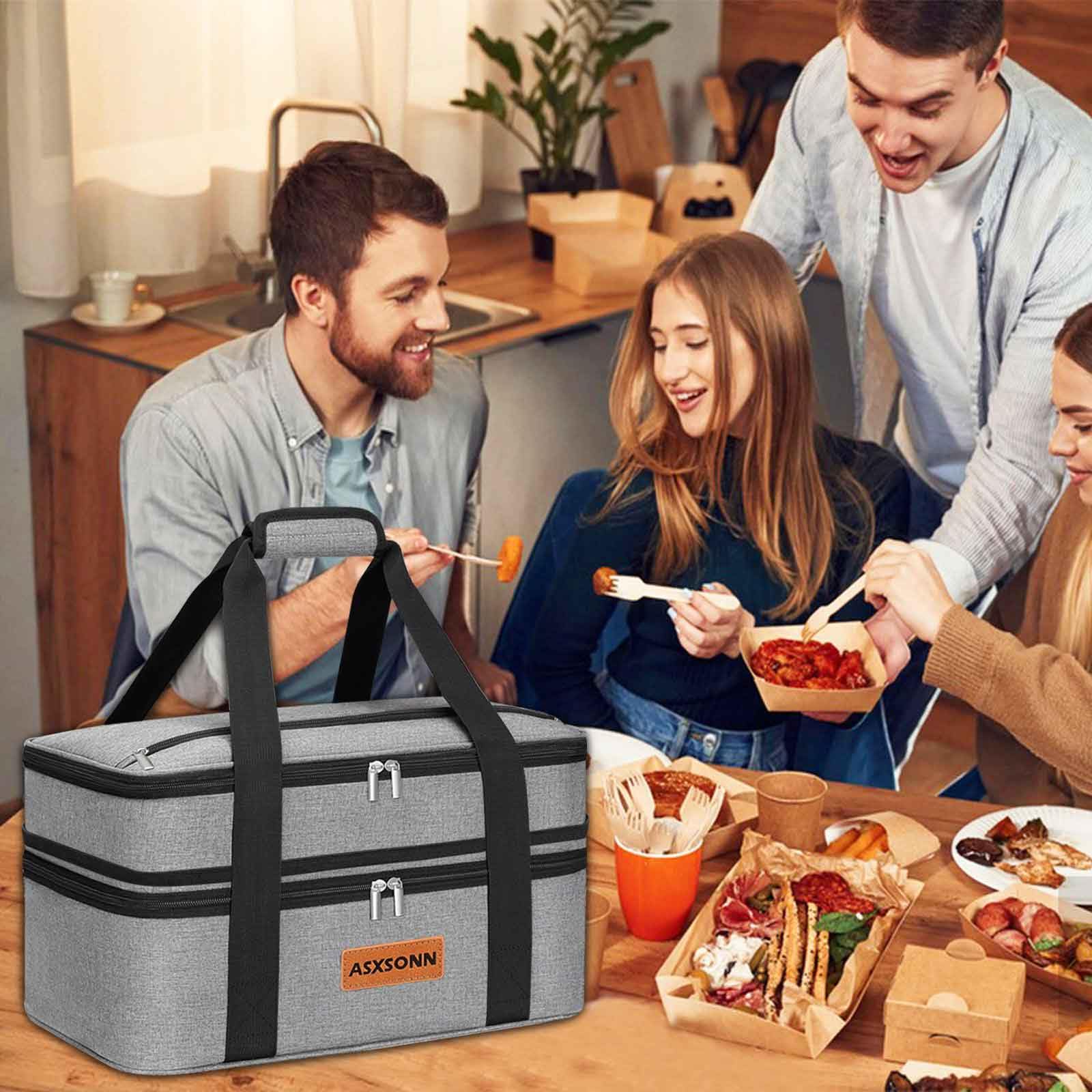 ASXSONN Double Decker Insulated Casserole Carrier for Hot or Cold Food, Expandable Insulated Food Carrier for Parties, Picnic, Beach, Fits 9"x13" Baking Dish (Grey)