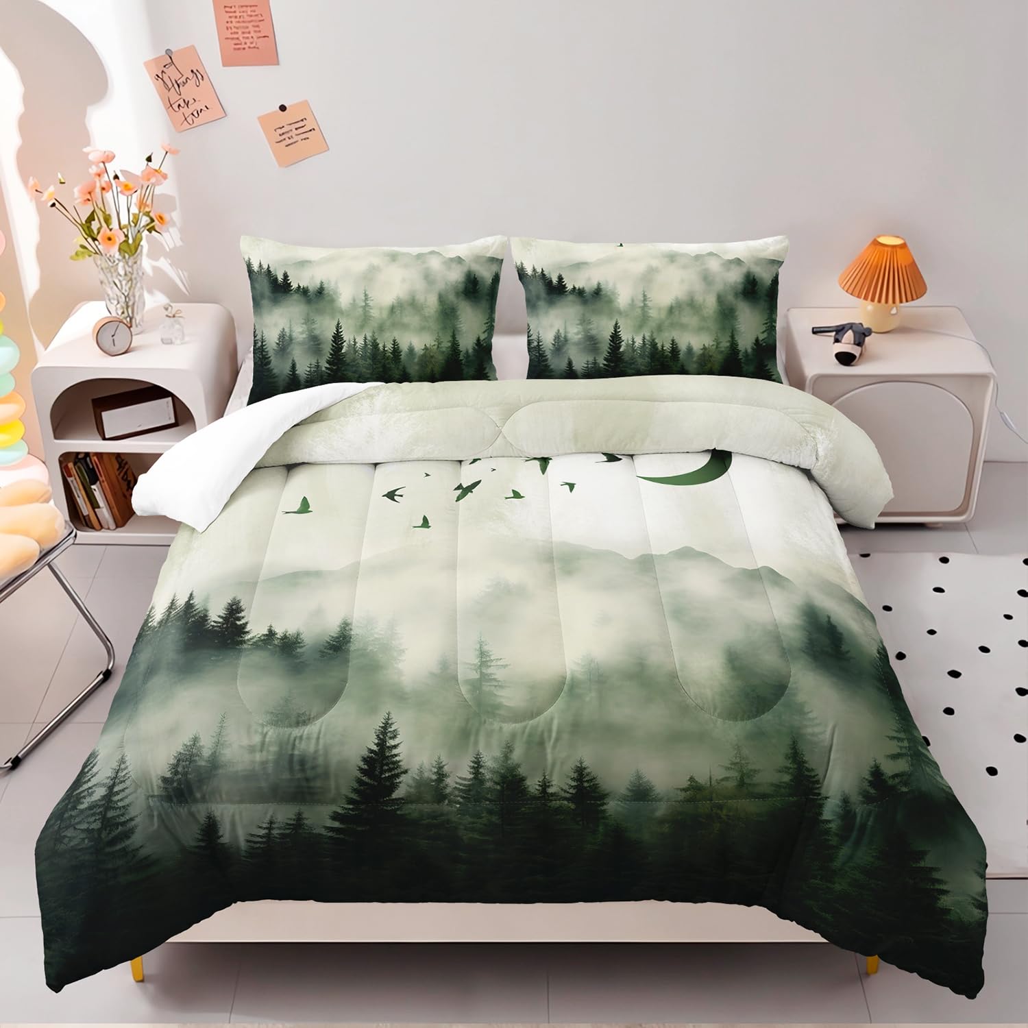 AILONEN 3D Forest Comforter Set Twin Size, Mist Nature and Woodland Bedding Set for Room Decor,Fantasy Moon & Bird Super Soft Duvet Set,1 Pale Green Quilt with 2 Pillowcases,3-Piece