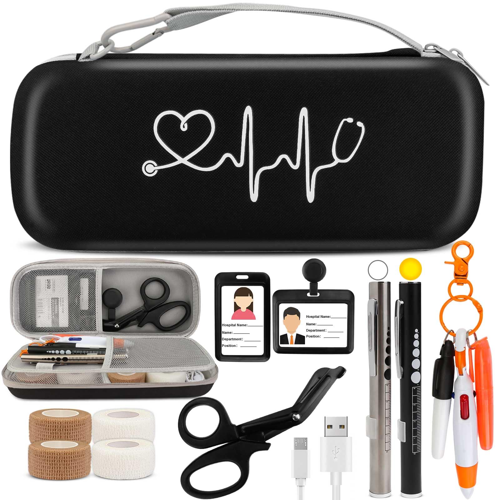 FWUNYVN 16 Pcs Stethoscope Case Kits, Stethoscope Case with Supplies Include 2 Pcs Rechargeable LED Pen Lights, Nurse Scissors, Nurse Pens, Bandage Wraps, Nurse Accessories, Perfect Nurse Gifts(Black)