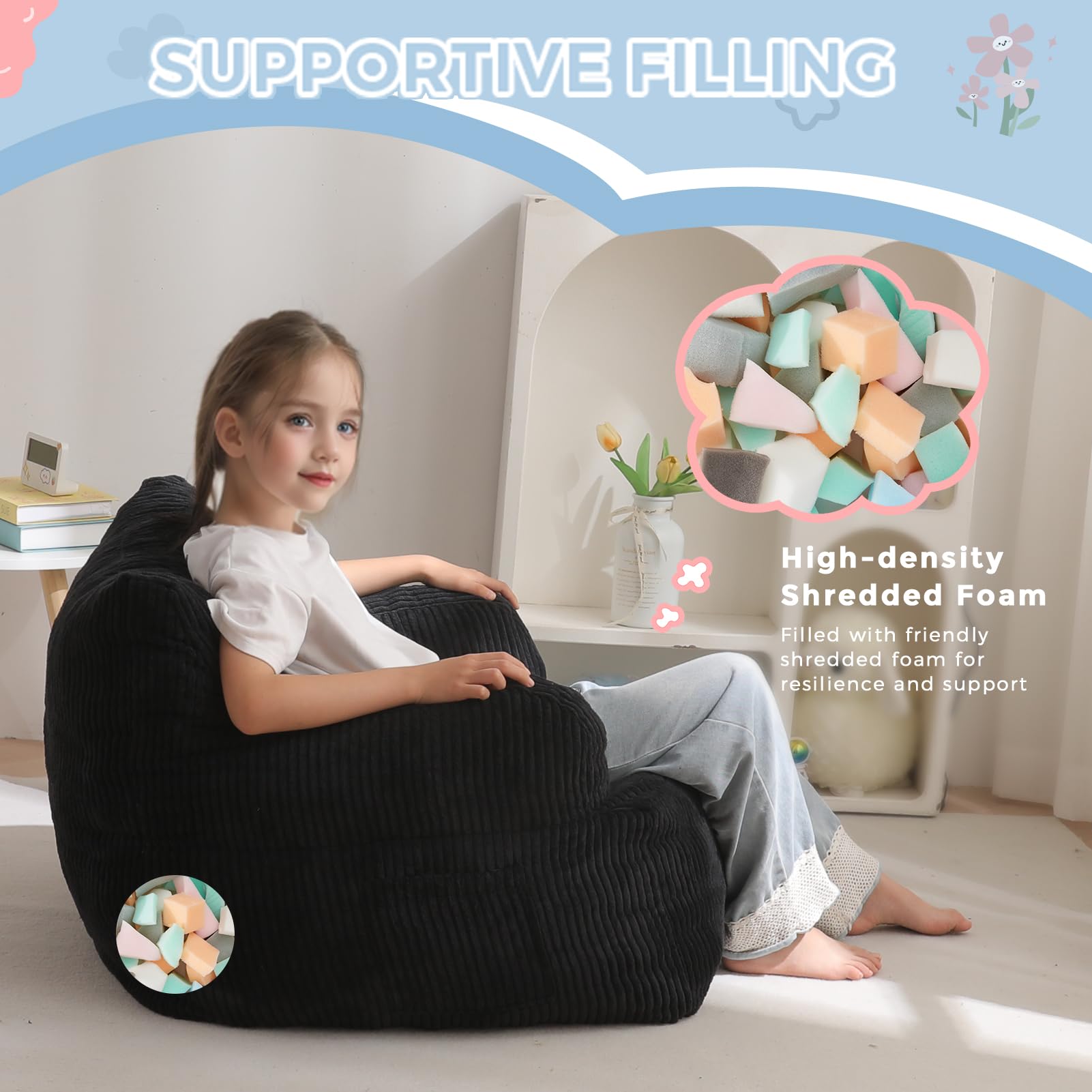 MAXYOYO Kids Bean Bag Chair, Stuffed Toddler Bean Bag Sofa with Filler Bean Bag Chair for Boys and Girls, Lazy Sofa with Pocket Floor Chair for Gaming, Reading, Black