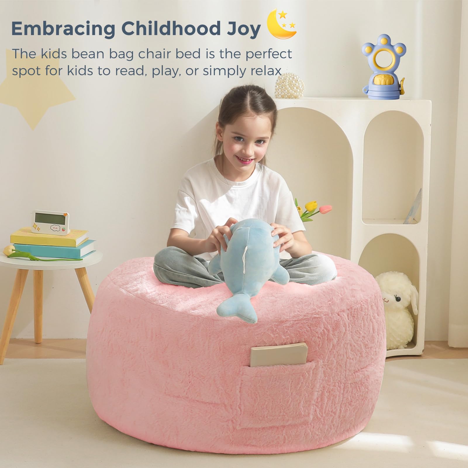 MAXYOYO Bean Bag Chair Bed for Kids, Convertible Bean Bag Folds from Lazy Chair to Floor Mattress Bed, Stuffed Floor Sofa Couch Sofa Bed for Boys and Girls, High-Density Foam Filling, Pink