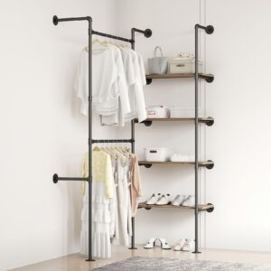 Woskar Industrial Pipe Clothing Rack, Hanging Rods Clothes Rack with Shelves, Clothes Rack for Wardrobe, Corner Closet System for Walk in Closets, Heavy Duty Hanging Clothes Rackk