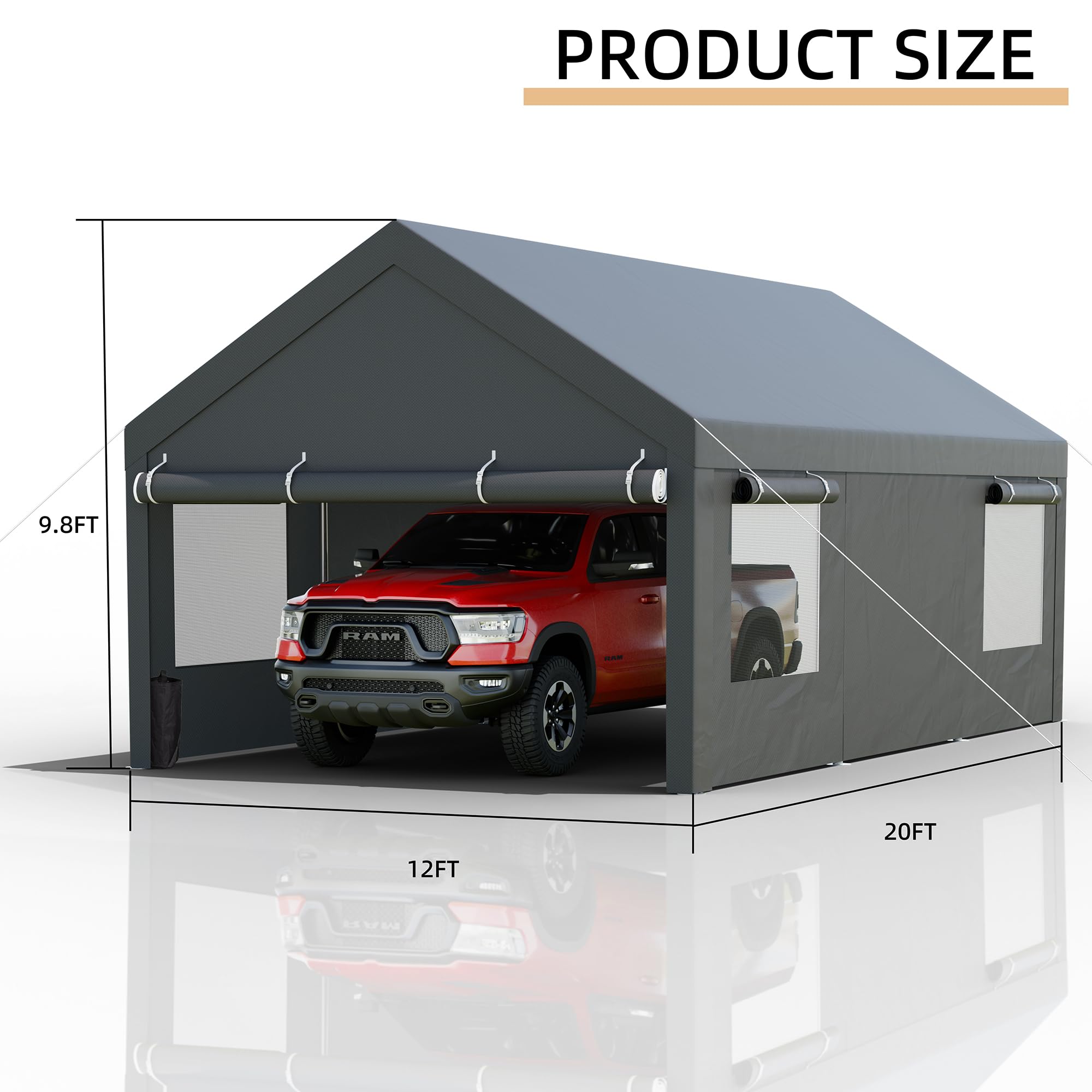 JY QAQA Carport, 12x20 FT Heavy Duty Carport Reinforced Steel Poles with Removable Sidewalls & Doors,Roll-up Windows Car Canopy with Sandbags and All-Season Tarp for Car Boat Truck Motorcycle