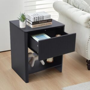 affeivul Modern Night Stand Set 2 with Drawer, Black Nightstand for Bedroom, Small End Table with Storage, Living Room/Bed Side Table with Drawer for Small Spaces, Fluted Cabinet Wood Nightstand