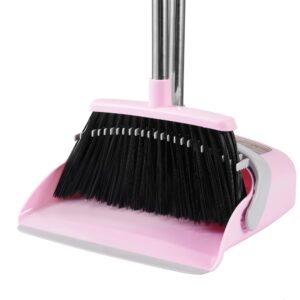 broom and dustpan set, outdoor broom dustpan combo set home commercial cleaning supplies angle broom with long handle perfect for courtyard garage street pink