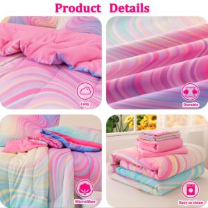 Girls Full Bedding Sets, 6 Pcs Pink Full Szie Comforter Set with Sheets, Tie Dye Superior Blue Pink Rainbow Bedding Set for Girls Kids