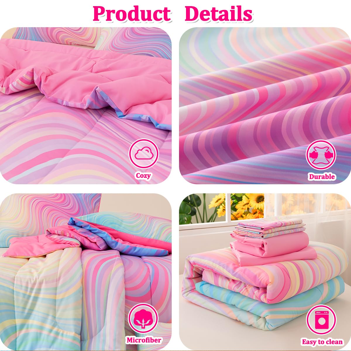 Girls Full Bedding Sets, 6 Pcs Pink Full Szie Comforter Set with Sheets, Tie Dye Superior Blue Pink Rainbow Bedding Set for Girls Kids