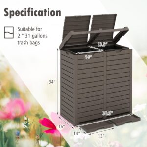 Toolsempire 62 Gallon Outdoor Trash Can, Dual Garbage Can with Lid & Drip Tray, Outside Trash Bin Garbage Bin for Patio, Backyard, Deck & Roadside (Coffee)