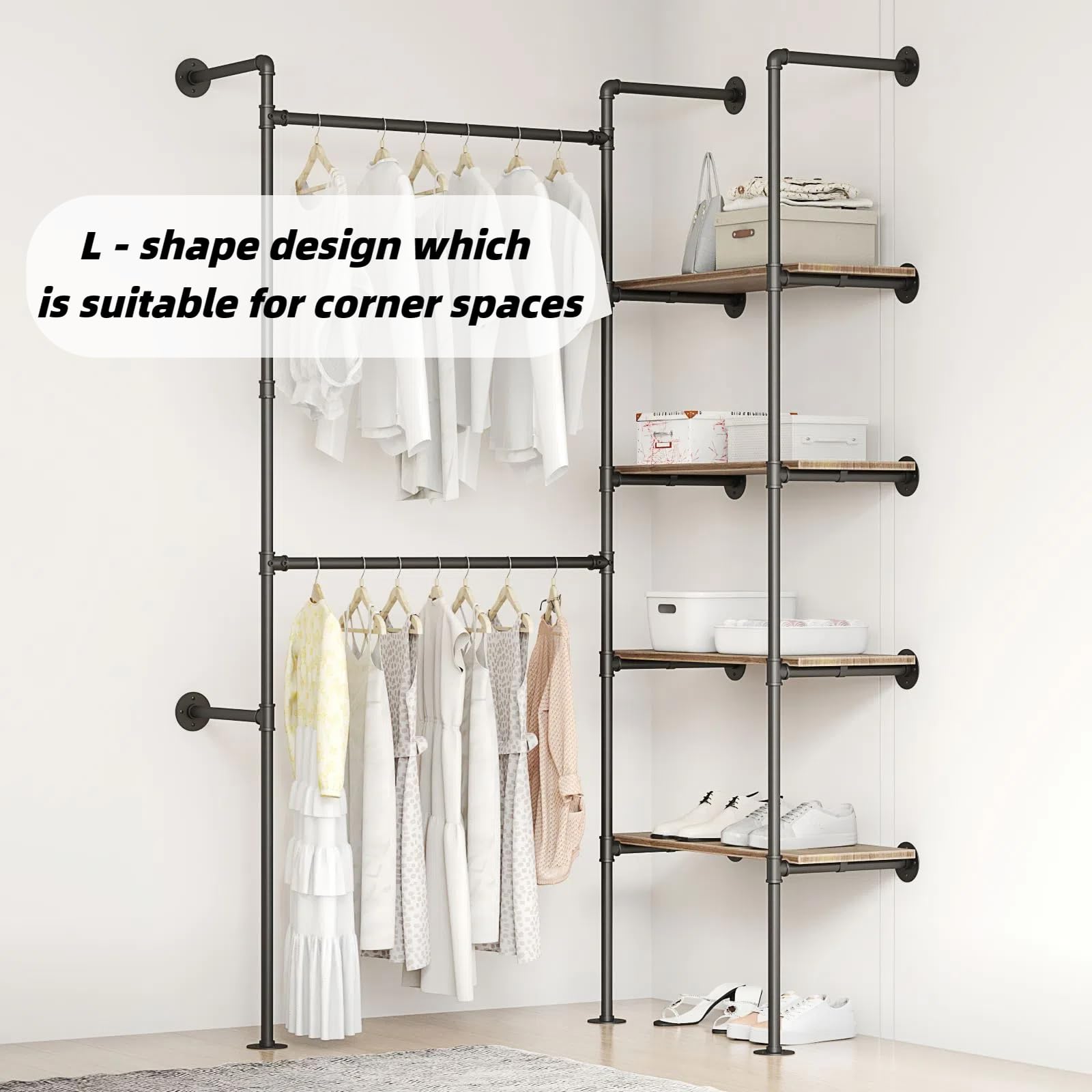 Woskar Industrial Pipe Clothing Rack, Hanging Rods Clothes Rack with Shelves, Clothes Rack for Wardrobe, Corner Closet System for Walk in Closets, Heavy Duty Hanging Clothes Rackk