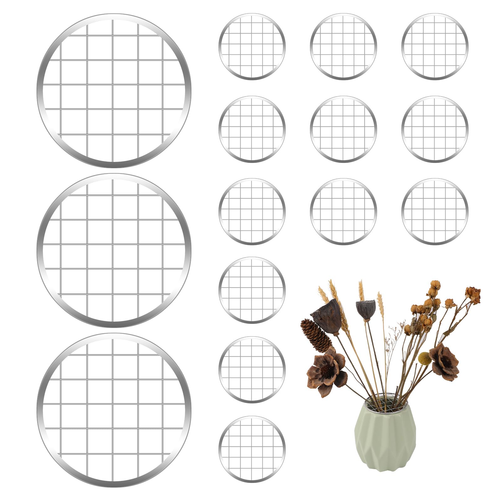 Mason Jar Lids, 15Pcs Metal Wide Mouth Mason Jar Lid Organizer Universal Mason Jar Covers Flower Organizer Lid Insert with Square Grids Mesh Cover Flower Grid for Vase for Home Office Flower Arranging