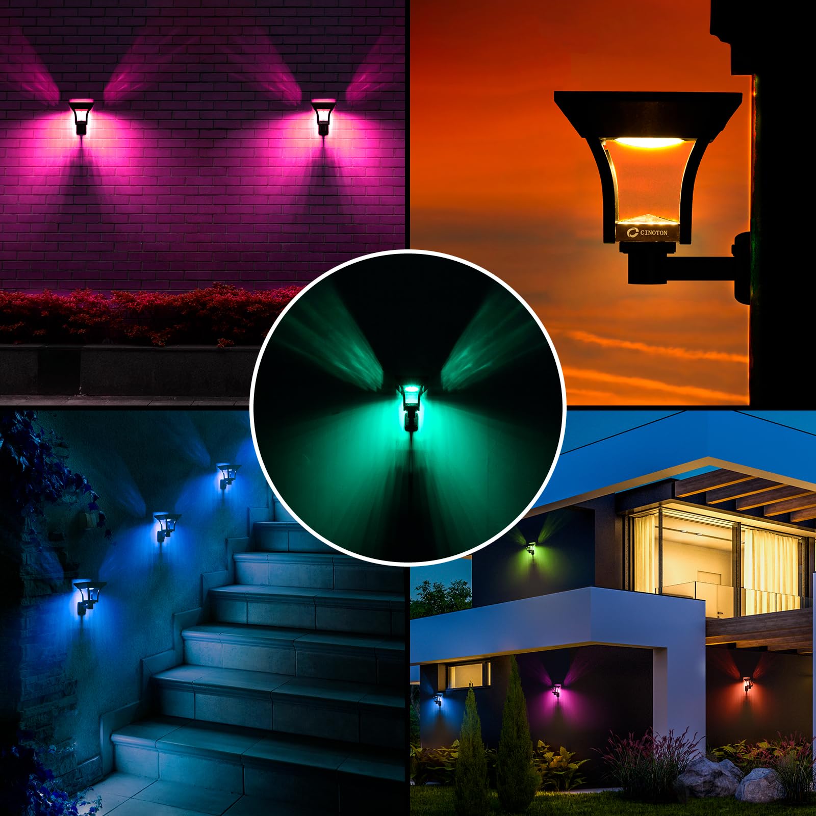 CINOTON 42W LED Barn Light Dusk to Dawn Outdoor Lighting, Black 1 Pack & Outdoor Solar Landscape Pathway Lights Warm White & Multicolor 4 Pack