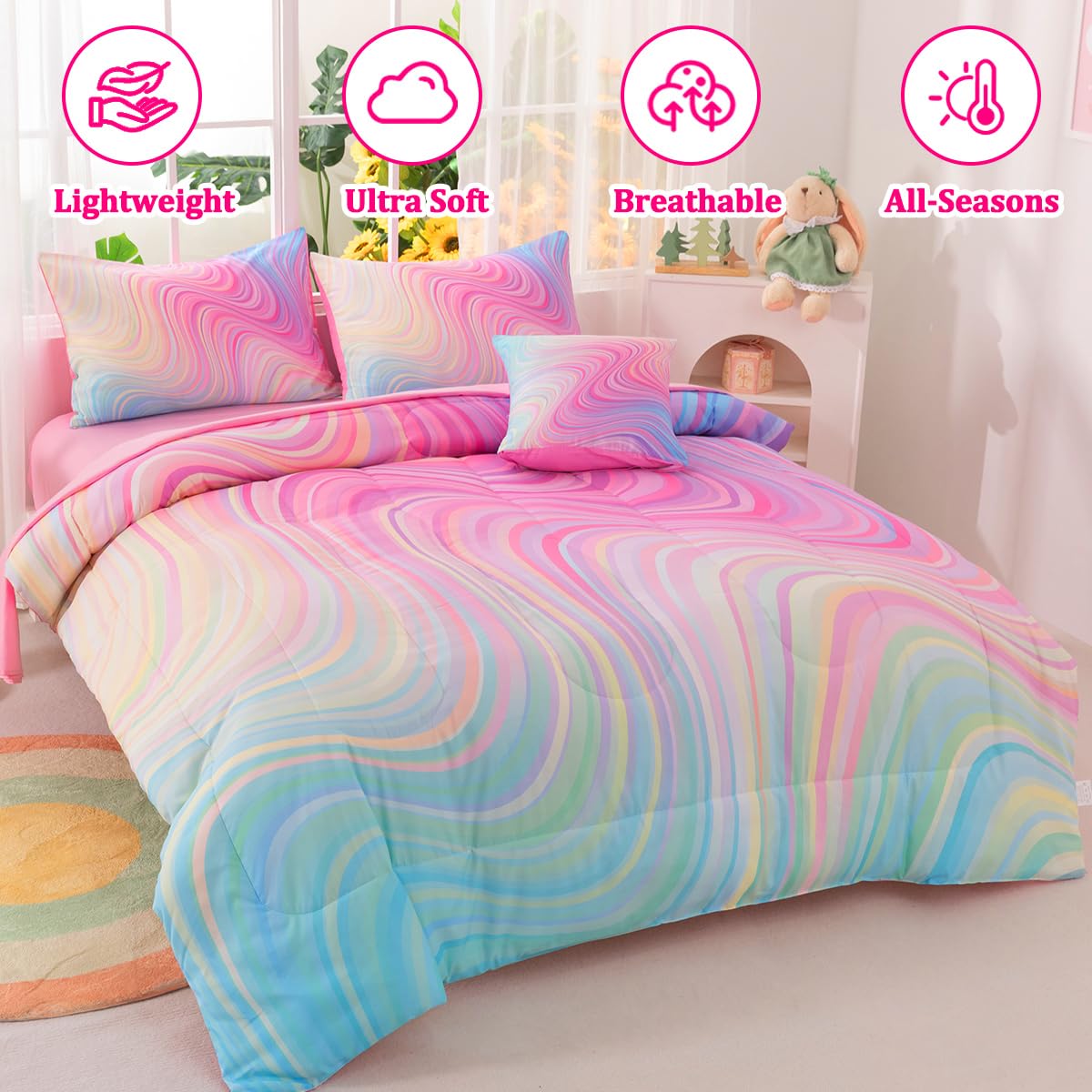 Girls Full Bedding Sets, 6 Pcs Pink Full Szie Comforter Set with Sheets, Tie Dye Superior Blue Pink Rainbow Bedding Set for Girls Kids