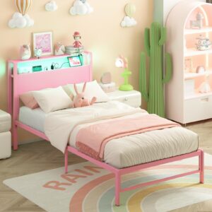 weehom twin bed frames with 2 tiers wood storage shelves headboard, twin size bed with charger stations and led light under bed storage space platform bed for kids, girls and adults, pink