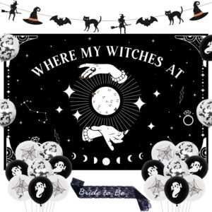 halloween where my witches at bachelorette party decorations black white witche backdrop banner garland bride to be sash for halloween bachelorette party decor supplies