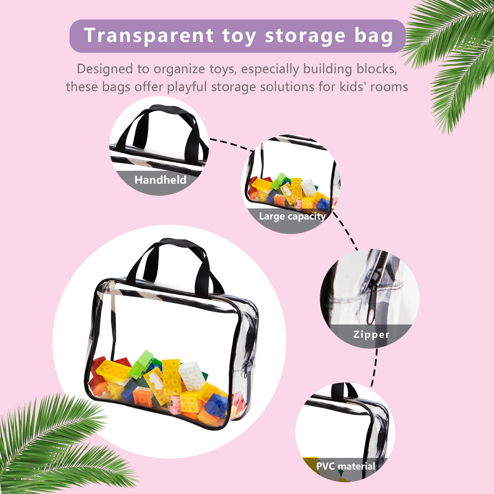 LOVEJO 5-Pack Clear Storage Bags for Building Blocks - Playful Storage Solutions for Kids - Durable PVC Organizer with Zipper - Ideal for Toy Blocks