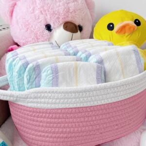 GIFTEXPRESS Pink & White Woven Basket - 13" x 8" x 5" Cotton Rope Organizing Baskets for Baby Items or Cat & Dog Toys - Cute Soft Gift Storage Bin w/Handles