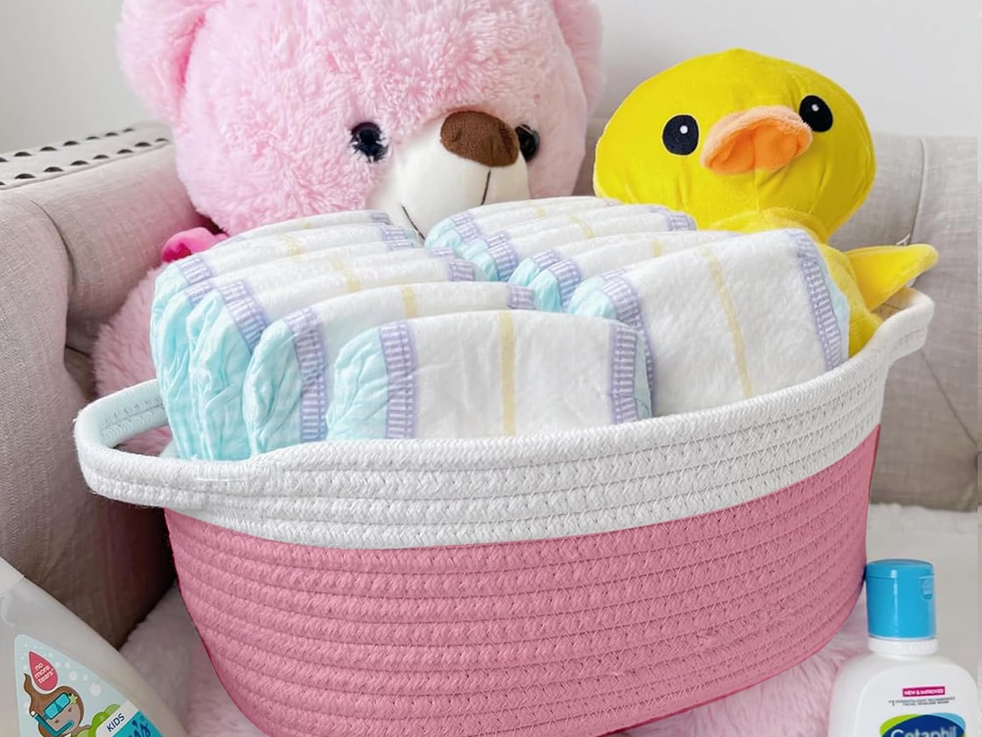 GIFTEXPRESS Pink & White Woven Basket - 13" x 8" x 5" Cotton Rope Organizing Baskets for Baby Items or Cat & Dog Toys - Cute Soft Gift Storage Bin w/Handles