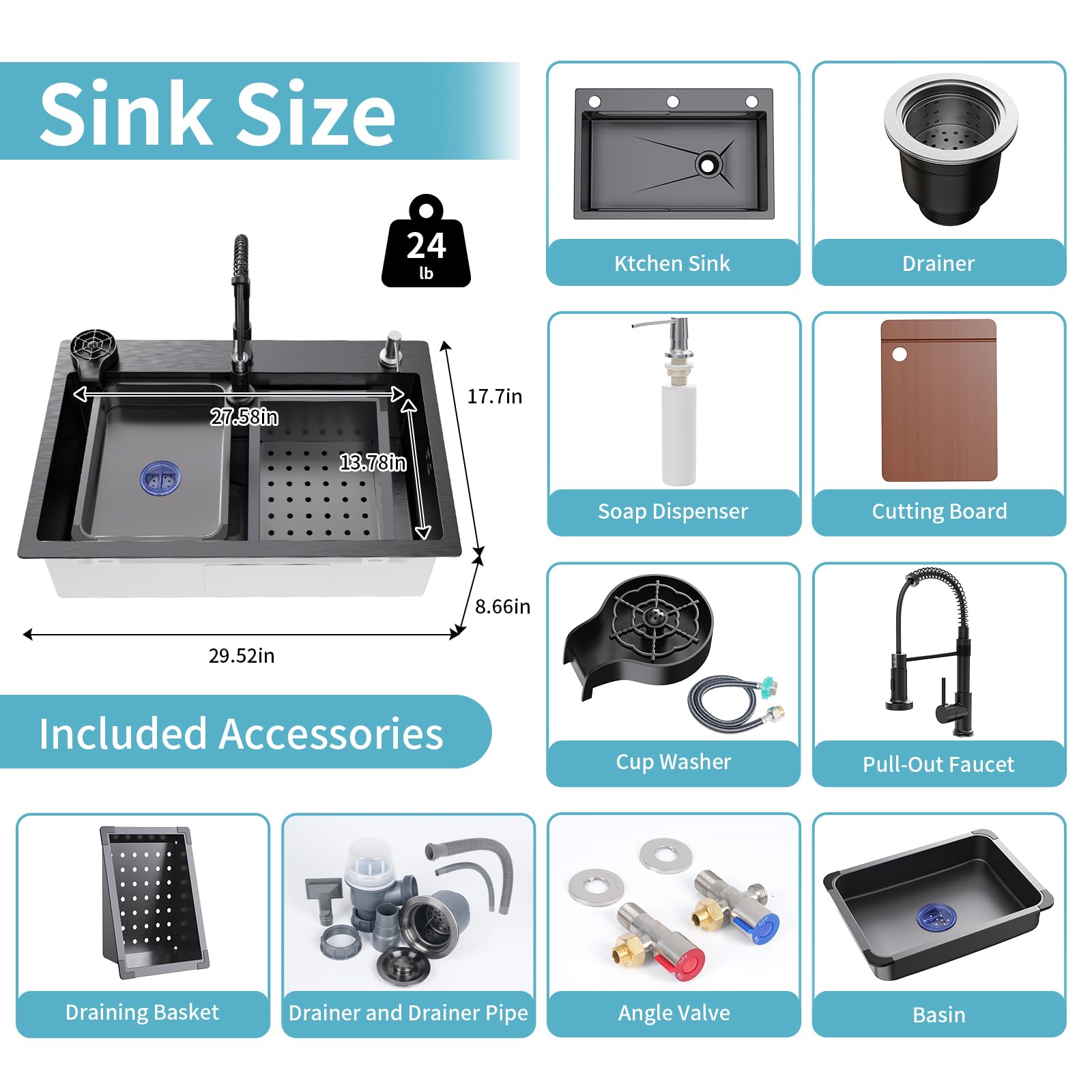 29.5 x 18 inch Kitchen Sink, Single Bowl Stainless Steel Sink Multifunctional Drop In Sink with Pull-Down Faucet and Multiple Accessories (Black Grey, 29.5 * 18)