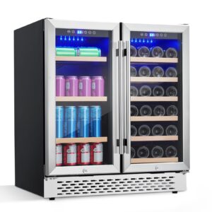 garveehome wine and beverage refrigerator - 28 bottles and 80 cans, dual zone, glass door, adjustable shelves, with lock, digital temperature control, freestanding/built-in