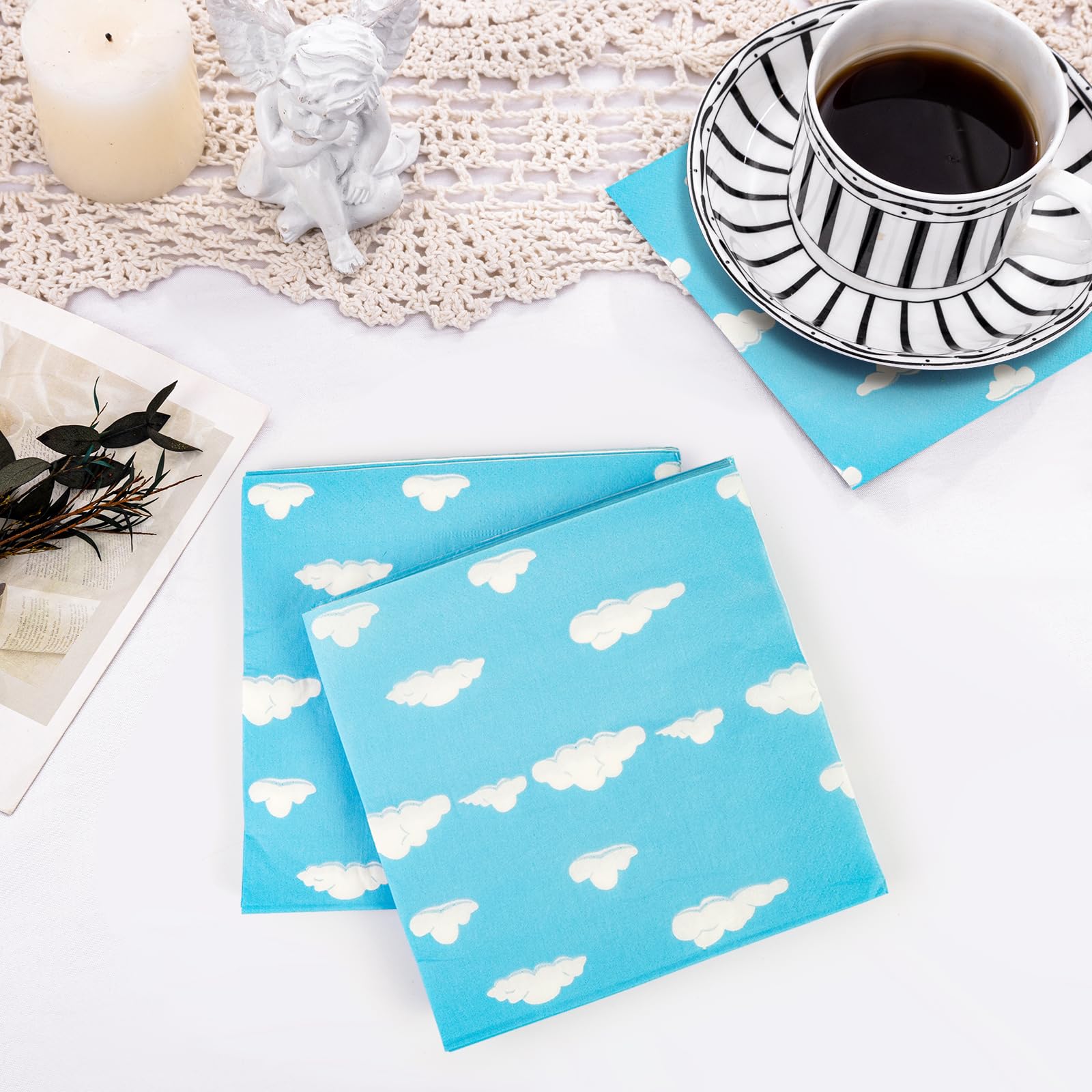 40PCS Blue Sky Clouds Napkins - Folded 6.5 x 6.5 Inches Luncheon Napkins Disposable Paper Napkins Party Supplies for Kids Cartoon Story Theme Birthday Kids Baby Shower Outdoor Camping