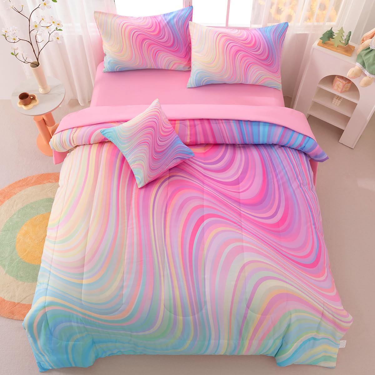 Girls Full Bedding Sets, 6 Pcs Pink Full Szie Comforter Set with Sheets, Tie Dye Superior Blue Pink Rainbow Bedding Set for Girls Kids