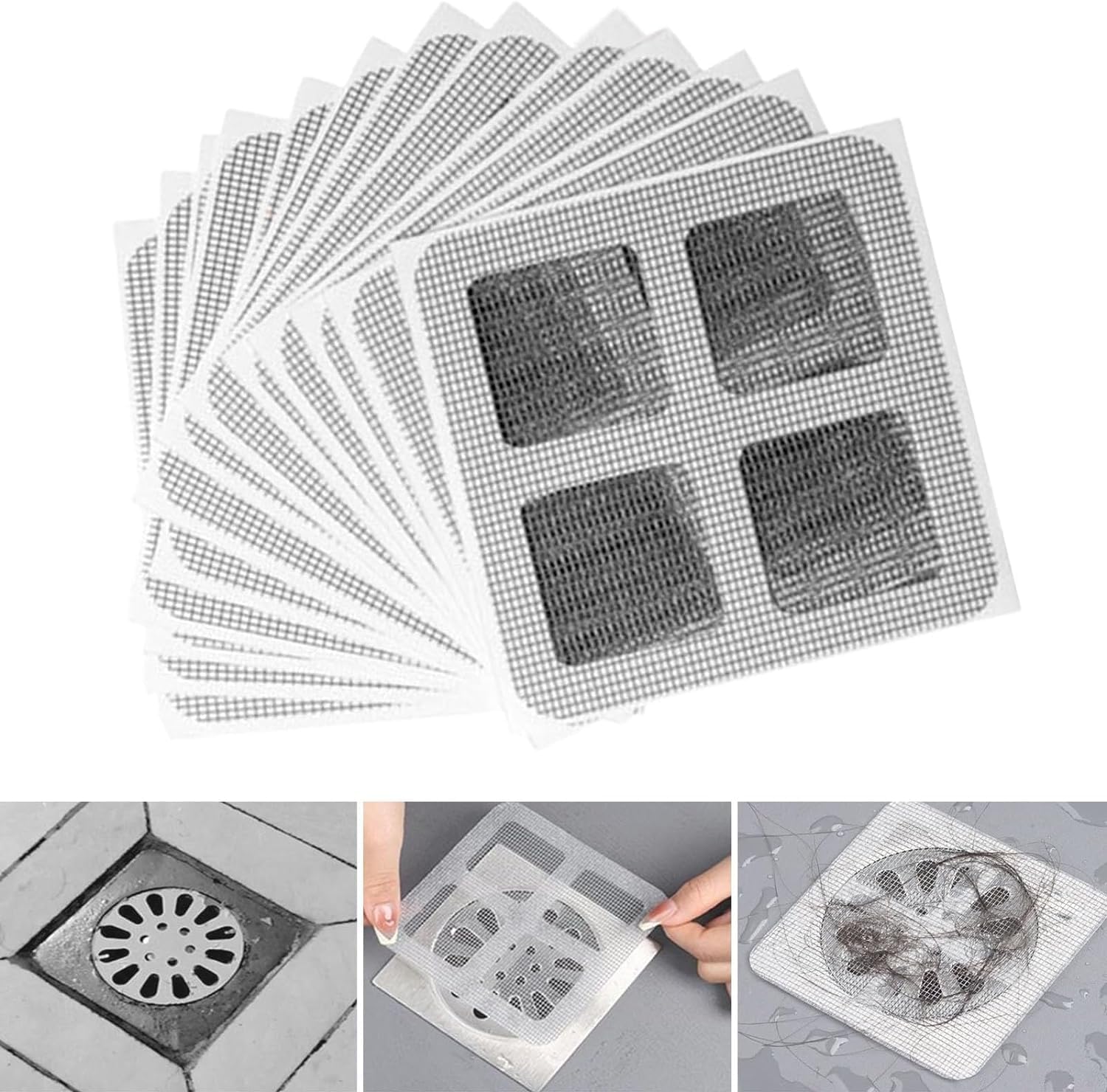 Floor Drain Sticker, 100PCS Disposable Shower Drain Cover Hair Catcher Mesh Stickers, 4"x4" Square Shower Floor Drain Cover, Drain Mesh Strainer for Kitchen, Sink, Bathroom, Laundry, Bathtub