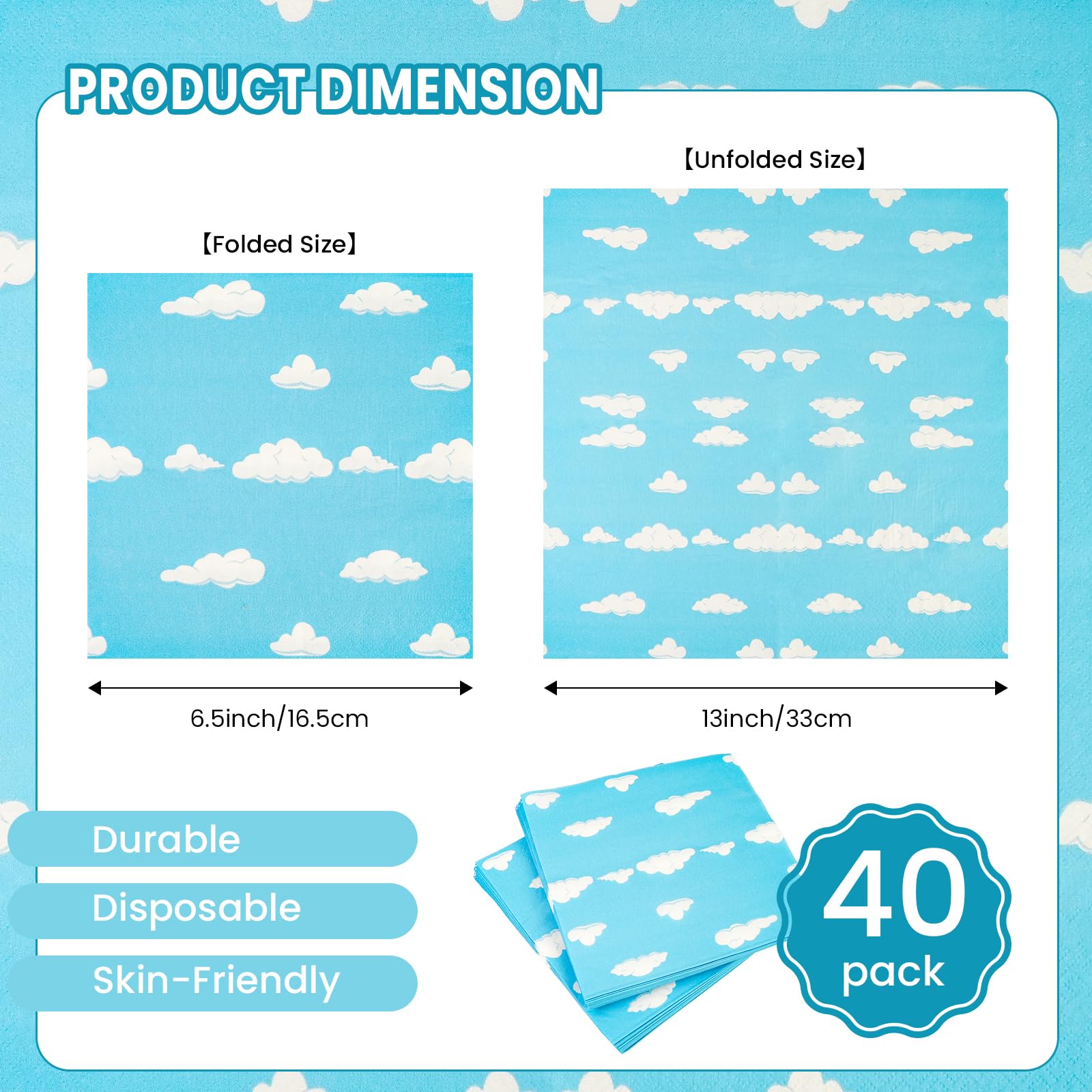 40PCS Blue Sky Clouds Napkins - Folded 6.5 x 6.5 Inches Luncheon Napkins Disposable Paper Napkins Party Supplies for Kids Cartoon Story Theme Birthday Kids Baby Shower Outdoor Camping