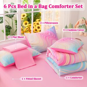 Girls Full Bedding Sets, 6 Pcs Pink Full Szie Comforter Set with Sheets, Tie Dye Superior Blue Pink Rainbow Bedding Set for Girls Kids