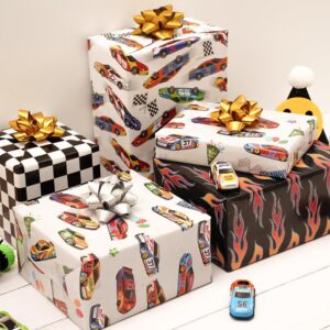 ZINTBIAL Race Car Wrapping Paper for Kids Birthday - Flames, Checkered Flags, Colorful Racing Cars and Happy Birthday Words Designs - 20 x 29 Inches, 8 Folded Sheets, Easy to Store…