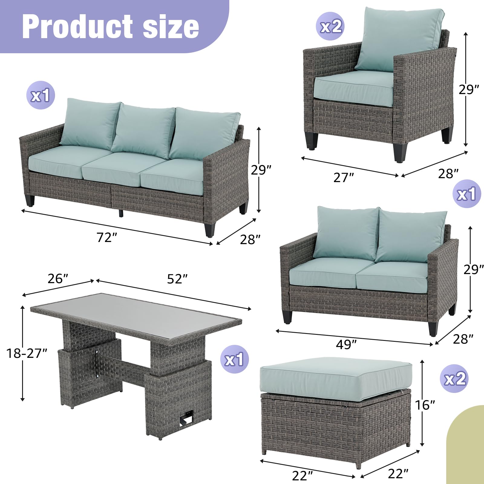 SUNSITT Patio Furniture Set 7-pcs Outdoor Furniture Conversation Sets with Lift Dining Table Wicker Patio Furniture Outdoor Couch Grey Rattan Light Cyan Cushion for Garden, Backyard, Lawn