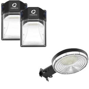 cinoton 100w led barn light dusk to dawn outdoor lighting, black 1 pack & 30w led wall pack light with dusk to dawn sensor 2pack