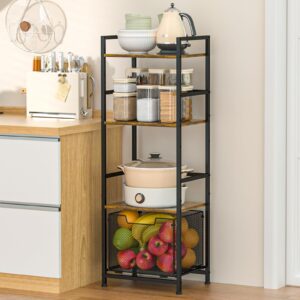 4-tier adjustable kitchen storage rack - kitchen shelf organizer freestanding, kitchen storage shelves with wire drawer, metal shelving unit with wood board, versatile narrow shelf for small space